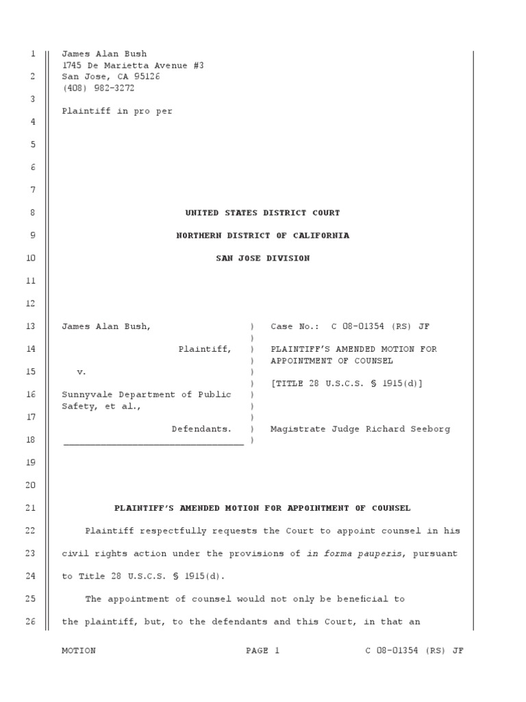 Amended Motion for Counsel Appointment | PDF | Discovery (Law) | Lawsuit