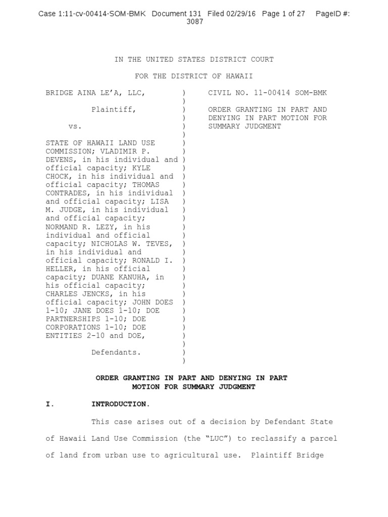 Order Granting in Part and Denying in Part Motion For Summary Judgment, Bridge Aina Lea, LLC v ...