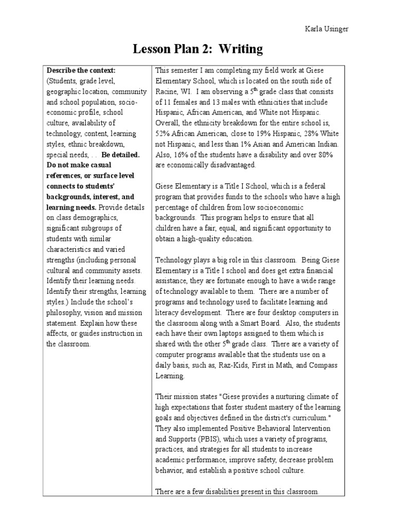 5th Grade Writing Lesson Plan Overview | PDF | Rubric (Academic ...