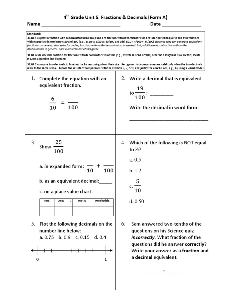 4th Grade Fractions & Decimals Test | PDF | Decimal | Fraction ...