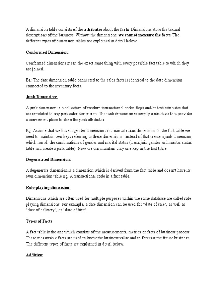 Types and Features of Dimension and Fact Tables | PDF | Information ...