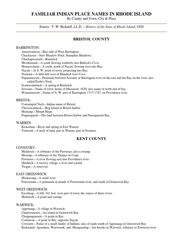 Familiar Indian Place Names in Rhode Island: by County & Town, City and ...