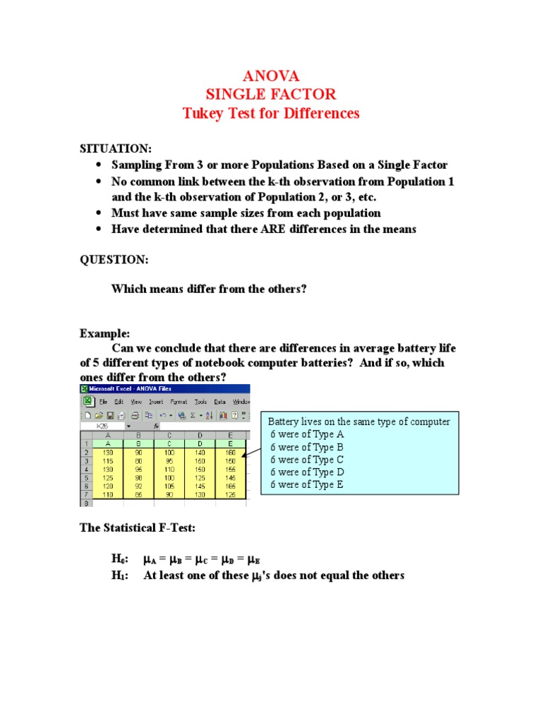 ANOVA-Single Factor - Tukey Test For Differences | PDF | Teaching ...