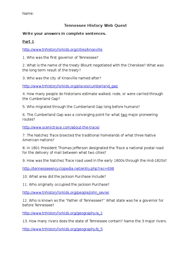 Tennessee History Web Quest 3 | PDF | Tennessee | Indigenous Peoples Of ...