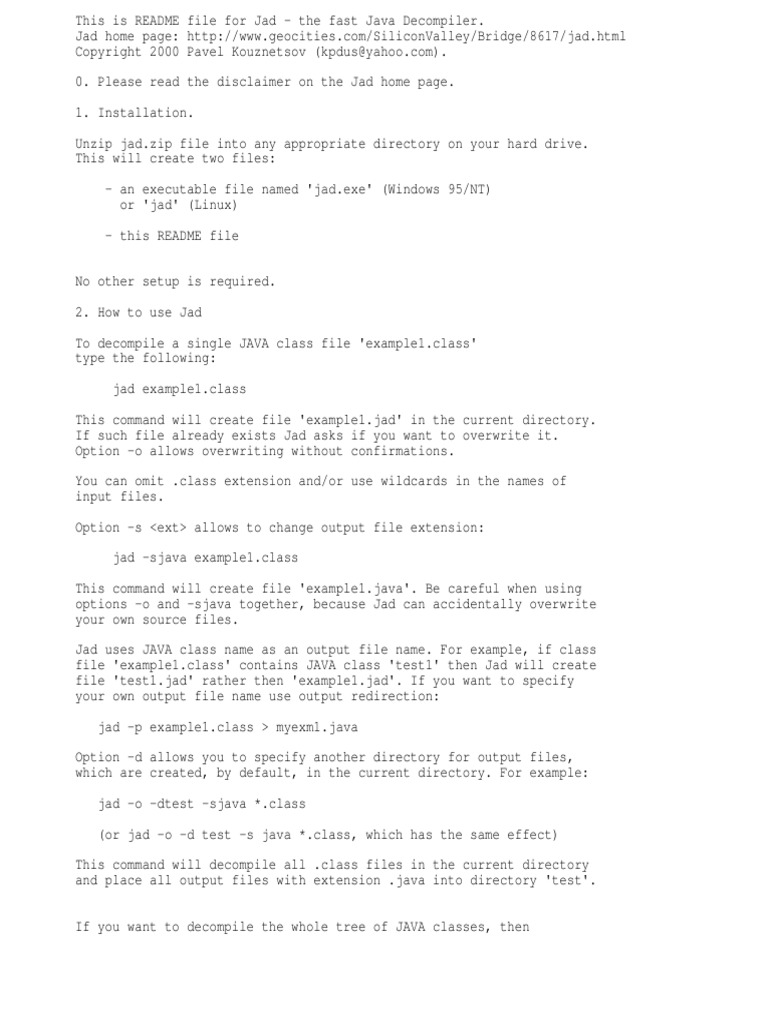 Jad Readme | PDF | Command Line Interface | Java (Programming Language)