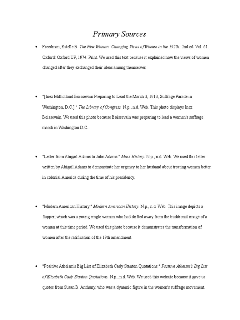 Primary Sources: of Elizabeth Cady Stanton Quotations. N.P., N.D. Web ...