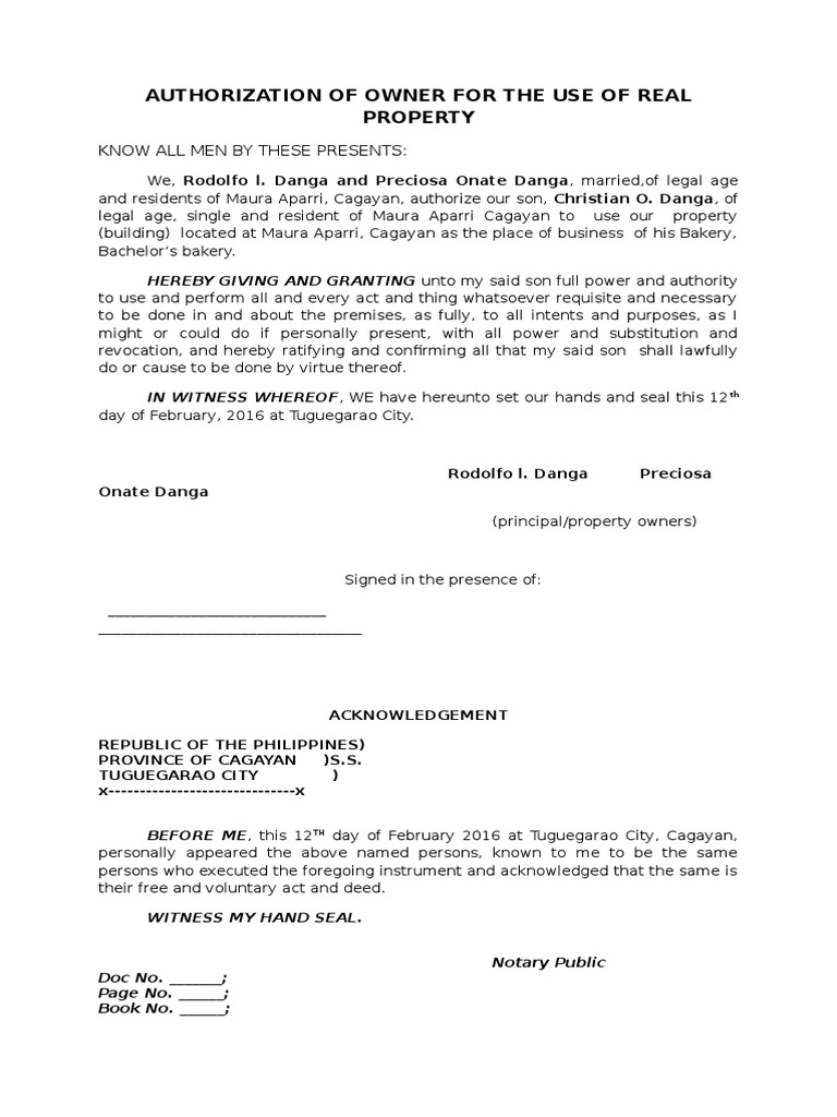 Property Use Authorization Letter | PDF | Business | Social Science