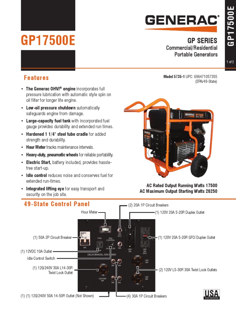 Especificaciones Tecnicas Gnerador Generac GP-17500E PDF, 52% OFF