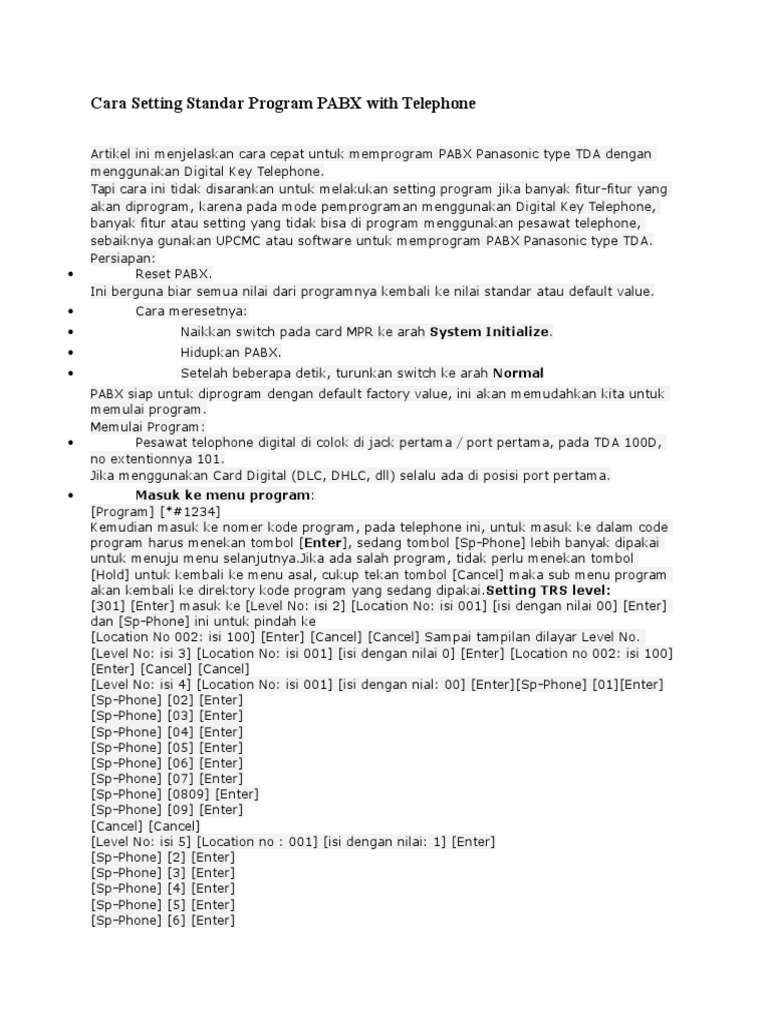 Cara Setting Standar Program PABX With Telephone | PDF