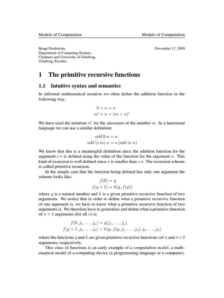 The Primitive Recursive Functions | PDF | Function (Mathematics) | Recursion