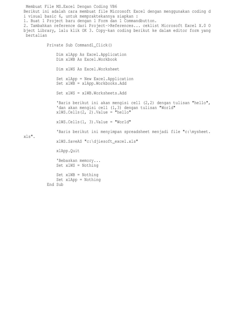 Cara Buat File Excel Di Vb6 | PDF