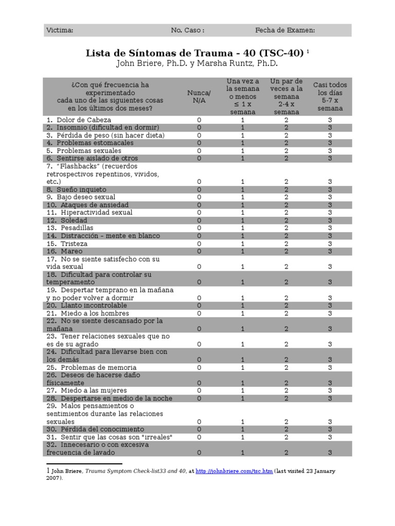 Lista de Síntomas de Trauma (TSC-40) | PDF | Trauma psicólogico | Dormir