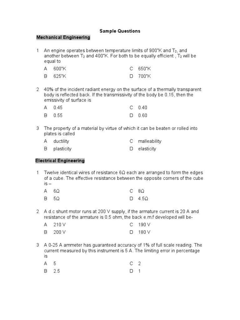 Sample Questions Mechanical Engineering | PDF | Ductility | Bending