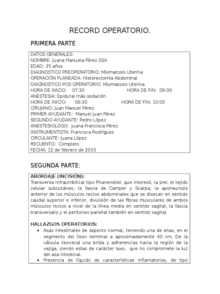 Ejemplo de Record Operatorio | PDF | Útero | Abdomen