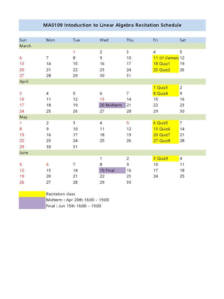 MAS109 Linear Algebra Recitation Schedule | PDF