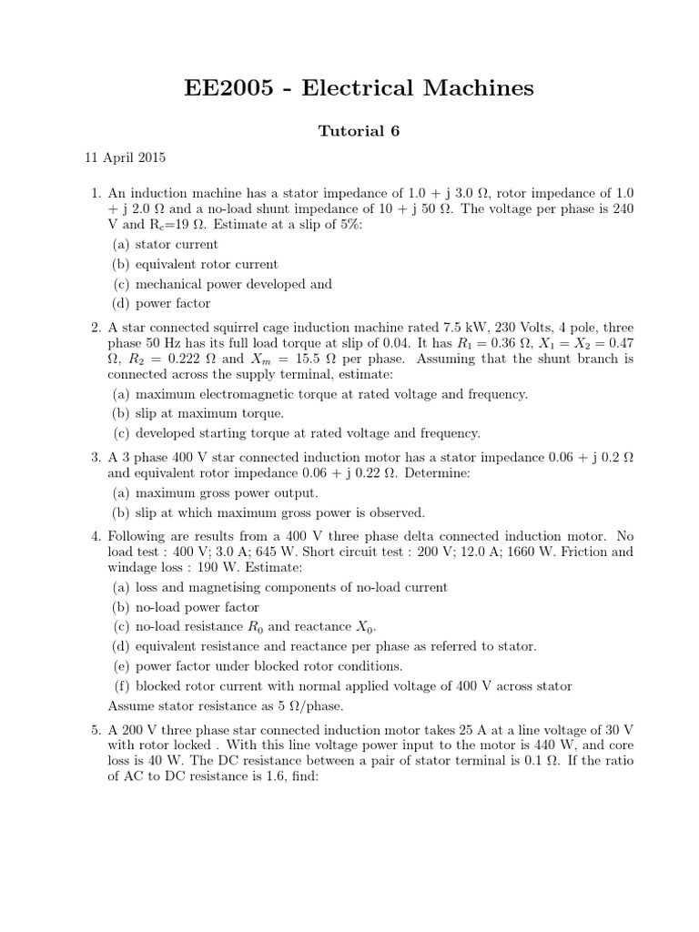 Electrical Machines Tutorial Questions On Induction Machine | PDF ...