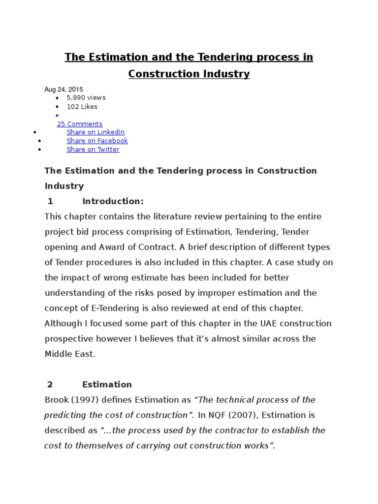 The Estimation and The Tendering Process in Construction Industry | PDF ...
