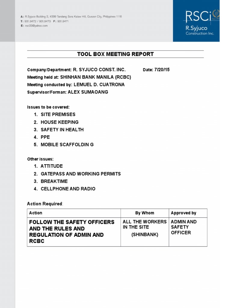 Tool Box Meeting Report: Company/Department - Date Meeting Held at ...