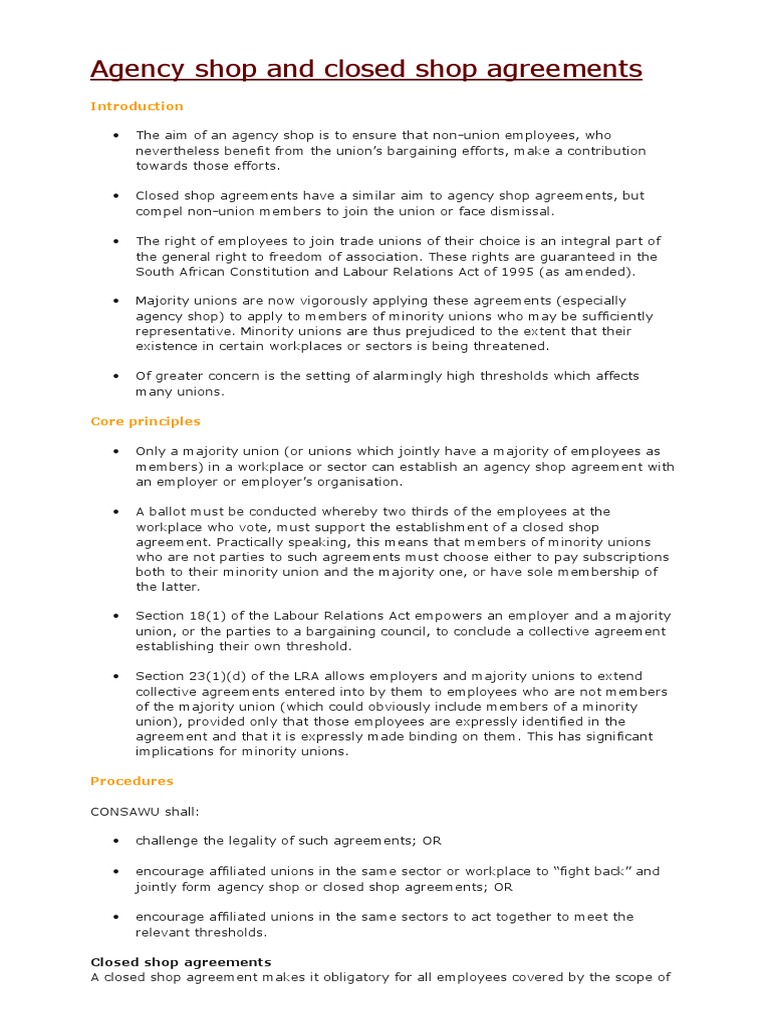Agency Shop and Closed Shop Agreements | PDF | Trade Union | Labor ...