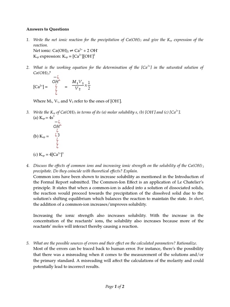 Determination of The Solubility Product Constant of Calcium Hydroxide ...