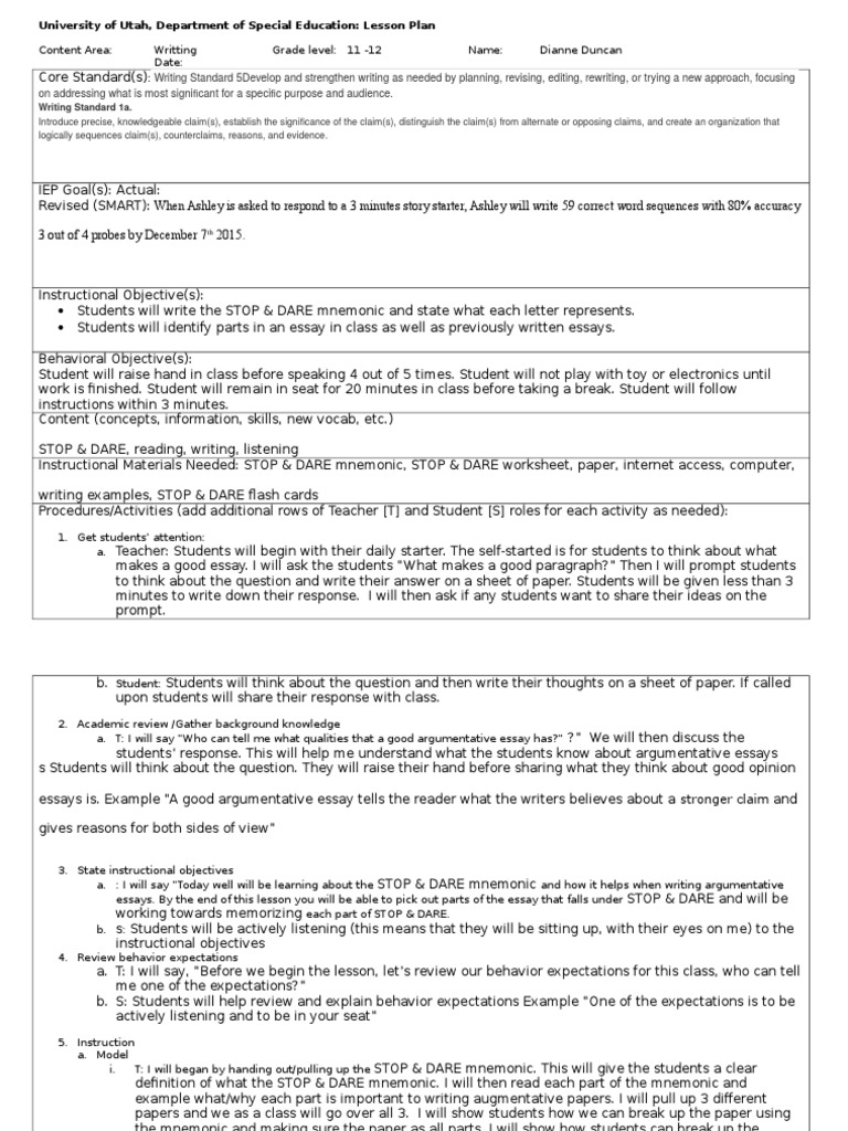 Stop Dare Lesson Plan 1 2 | PDF | Essays | Lesson Plan