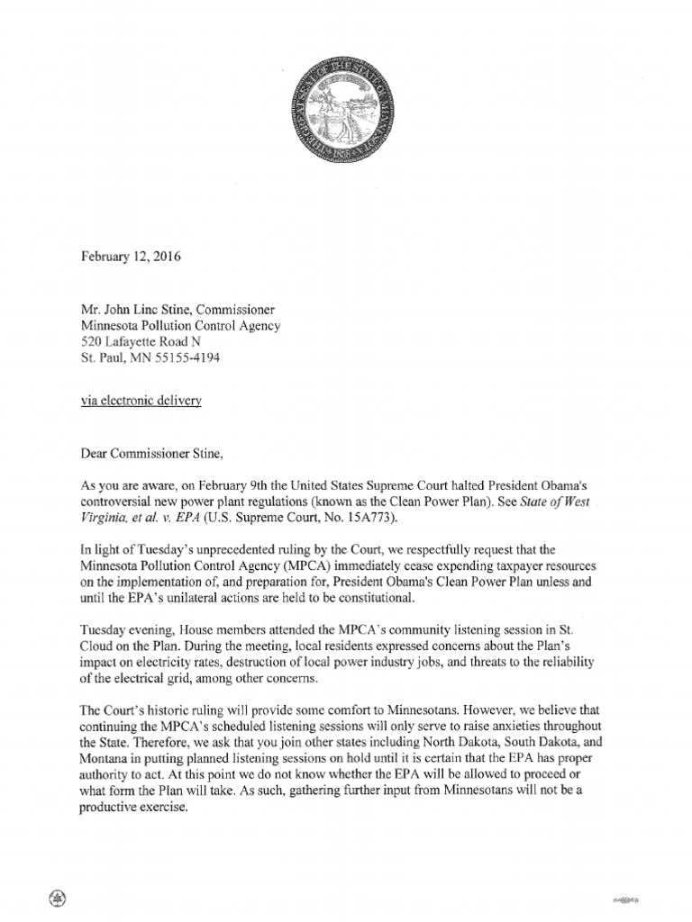 GOP House Members' Letter To MPCA | PDF