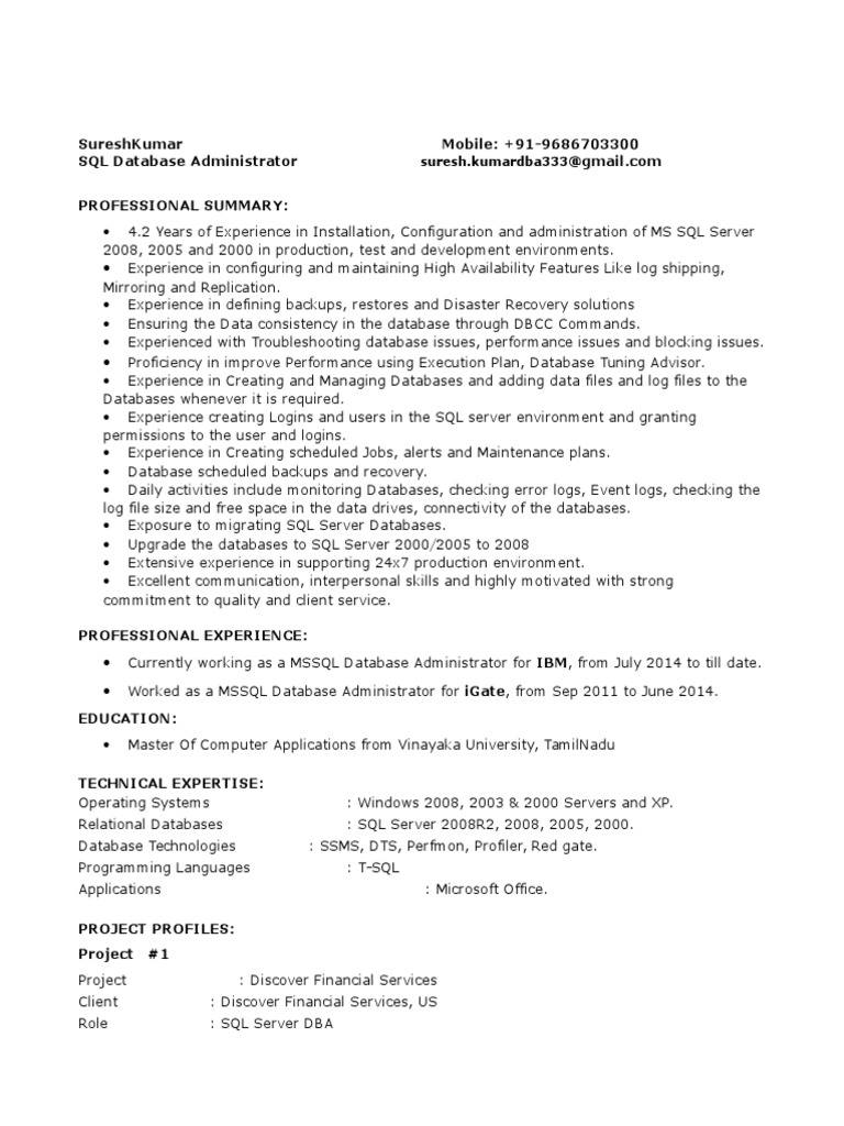 SQL DBA Resume | PDF | Microsoft Sql Server | Databases