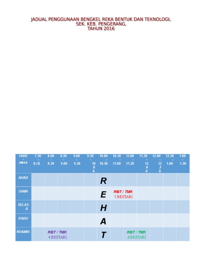 Jadual Penggunaan Bilik RBT | PDF