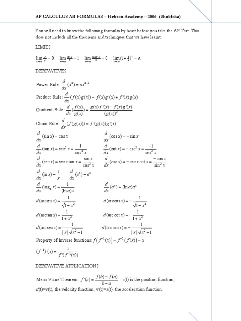 Reviewsheet Formulas Ap Calc Ab 2006 | PDF