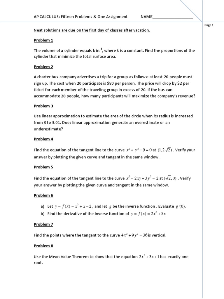 AP Calculus Problems and Assignment | PDF | Tangent | Calculus