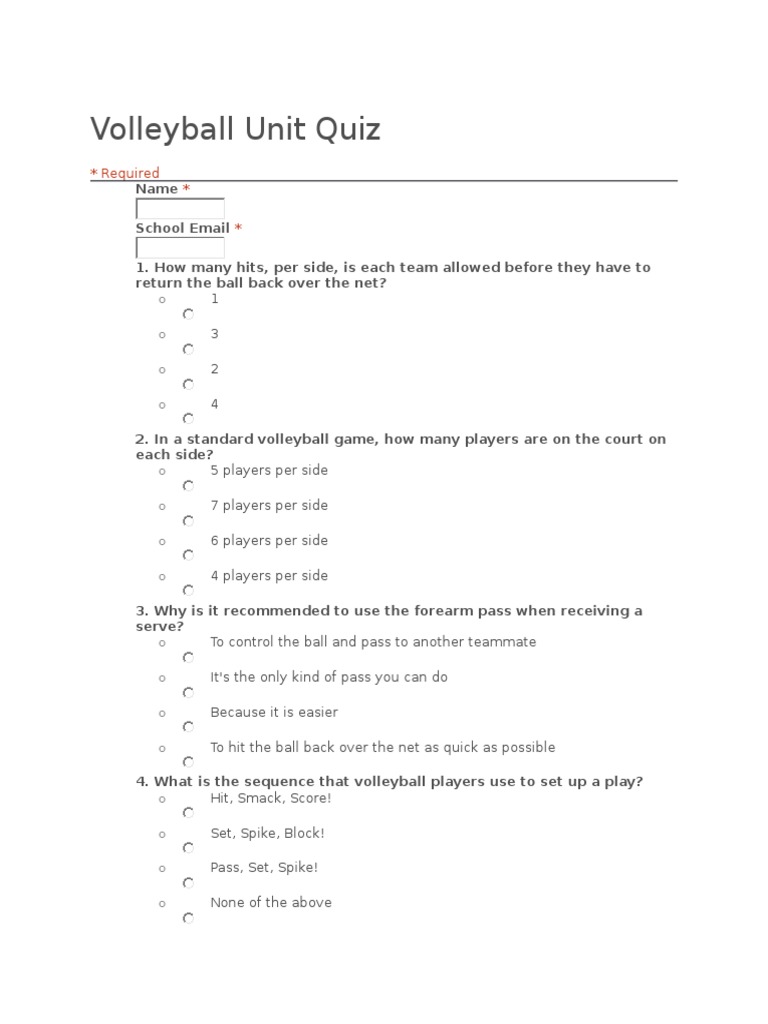Volleyball Unit Quiz Questions | PDF