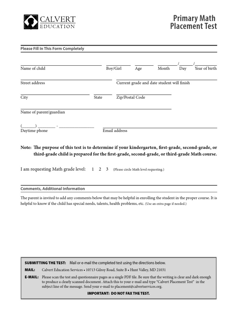 Primary Math Placement Test Form | PDF | Email | Mail