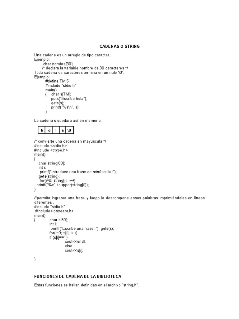 Funciones y operaciones con cadenas de caracteres en C | PDF | Cadena ...