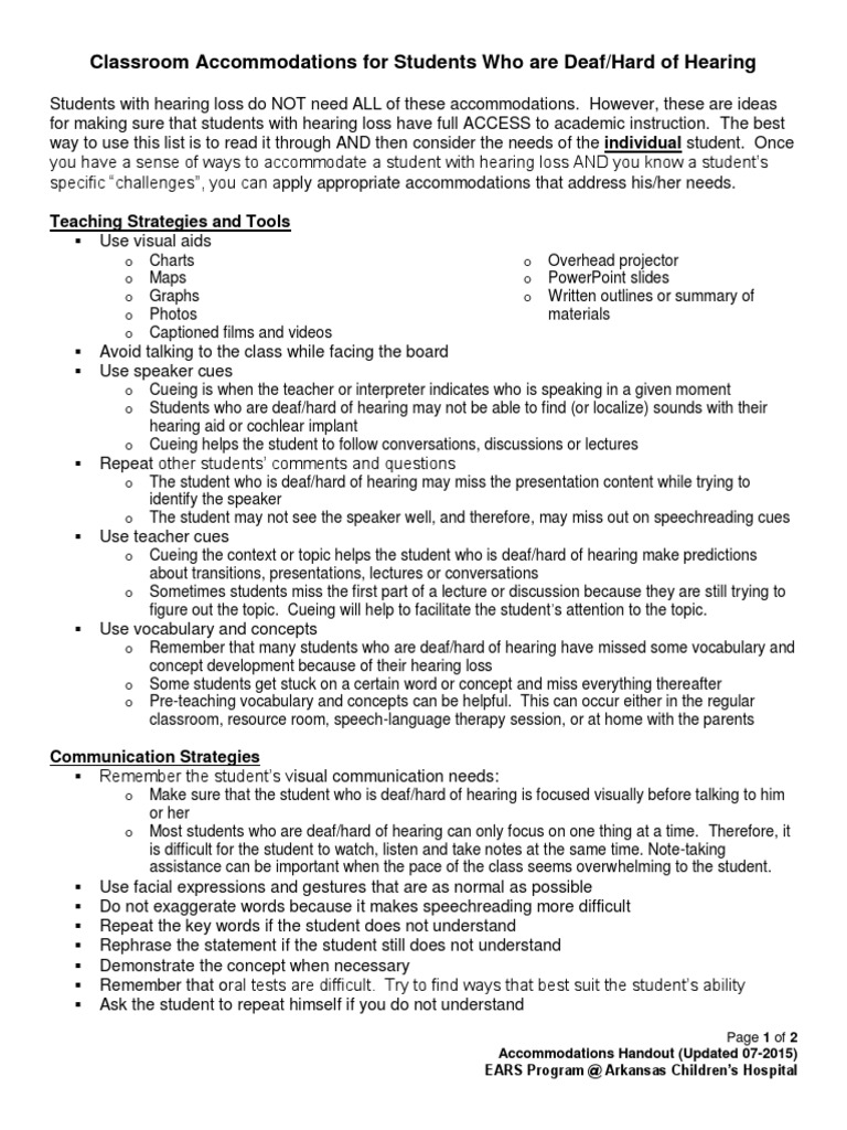 Classroom Accommodations for Hearing Impairments | PDF | Hearing Loss ...