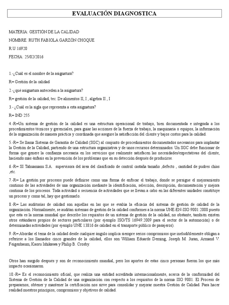 Evaluación Diagnostica - Docx de Gestion de La Calidad | PDF | Gestión de la calidad | Calidad ...