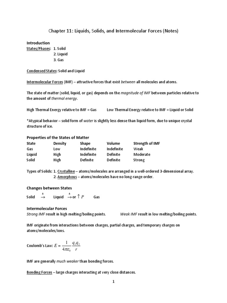 Chapter 11 Notes | PDF | Intermolecular Force | Chemical Polarity