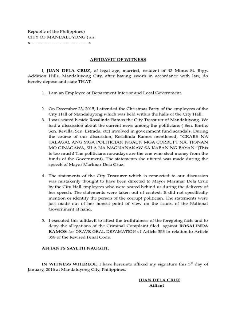 Affidavit of Witness Defense | PDF | Affidavit | Legal Procedure