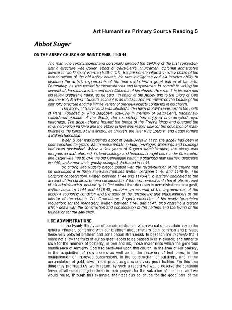 Abbot Suger: Art Humanities Primary Source Reading 5 | PDF