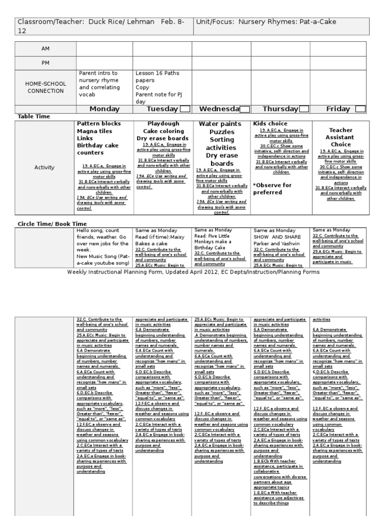 Pat-A-Cake Lesson Plan Weekly With Standards | PDF | Vocabulary | Preschool