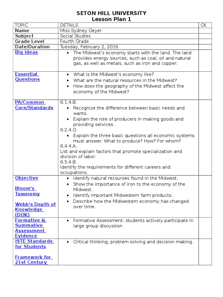 Student Teaching Placement 1 Lesson Plan 1 | PDF | Lesson Plan ...