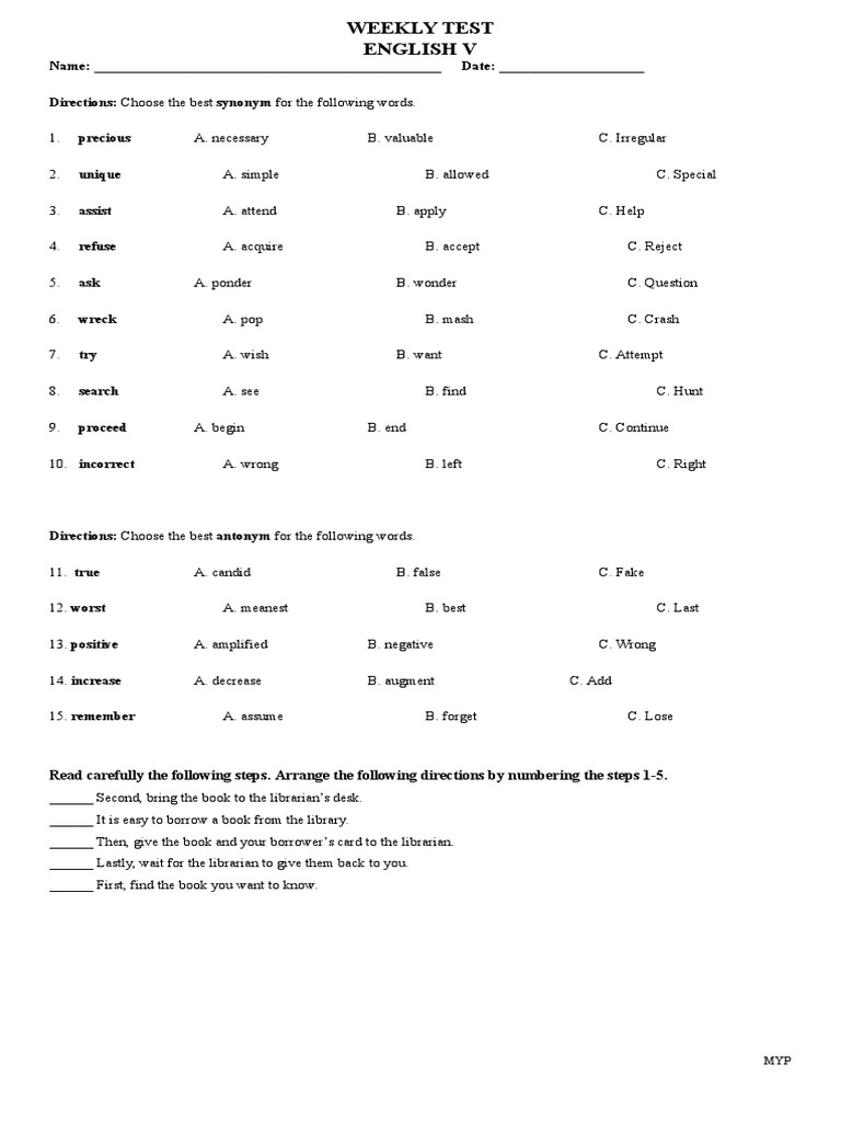 Synonyms and Antonyms Test for Exam | PDF | Language Arts & Discipline