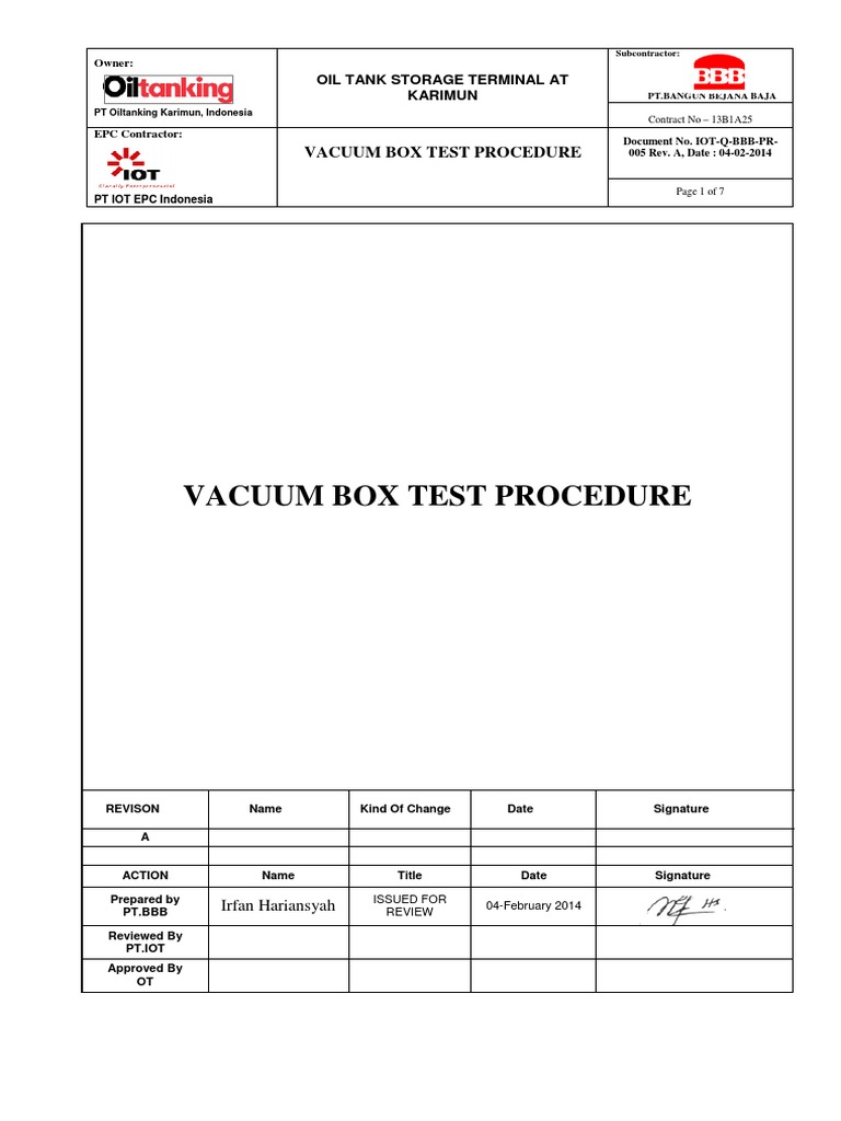 Iot-Q-Bbb-Pr-005 Vacuum Box Test Procedure Rev - A | PDF | Leak | Vacuum