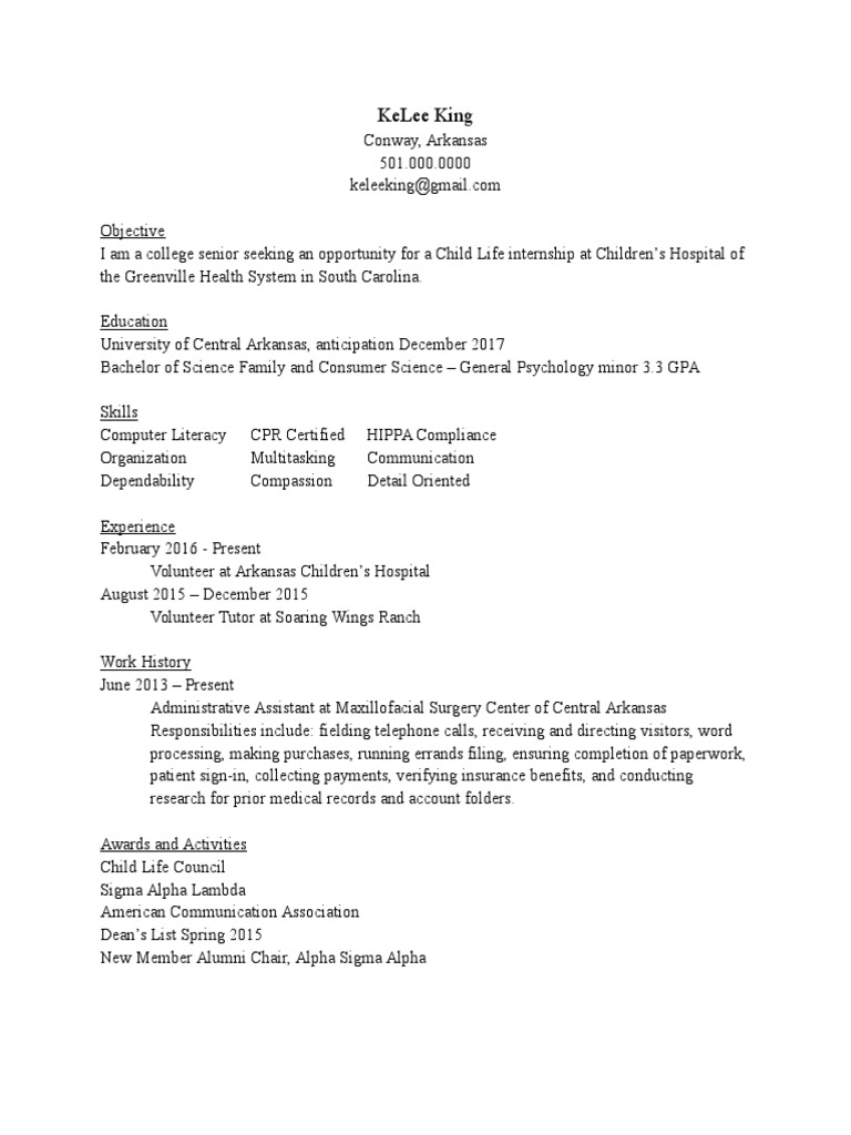 Child Life Internship Resume for KeLee King | PDF | Career & Growth ...