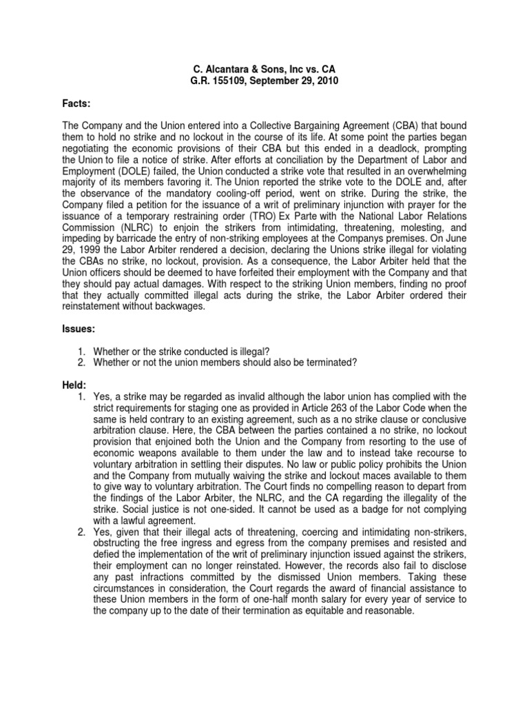 C. Alcantara & Sons vs. CA rules on legality of strike violating CBA no ...