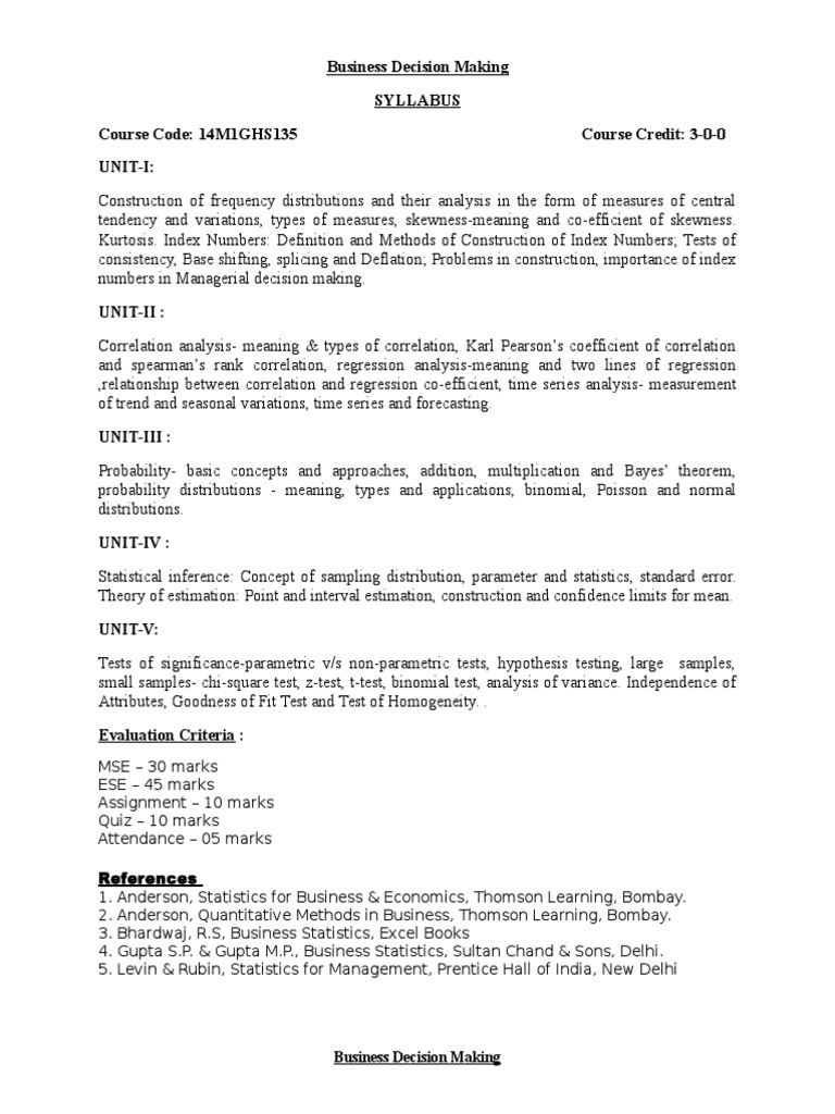 Business Decision Making Course Outline | PDF | Statistical Hypothesis ...