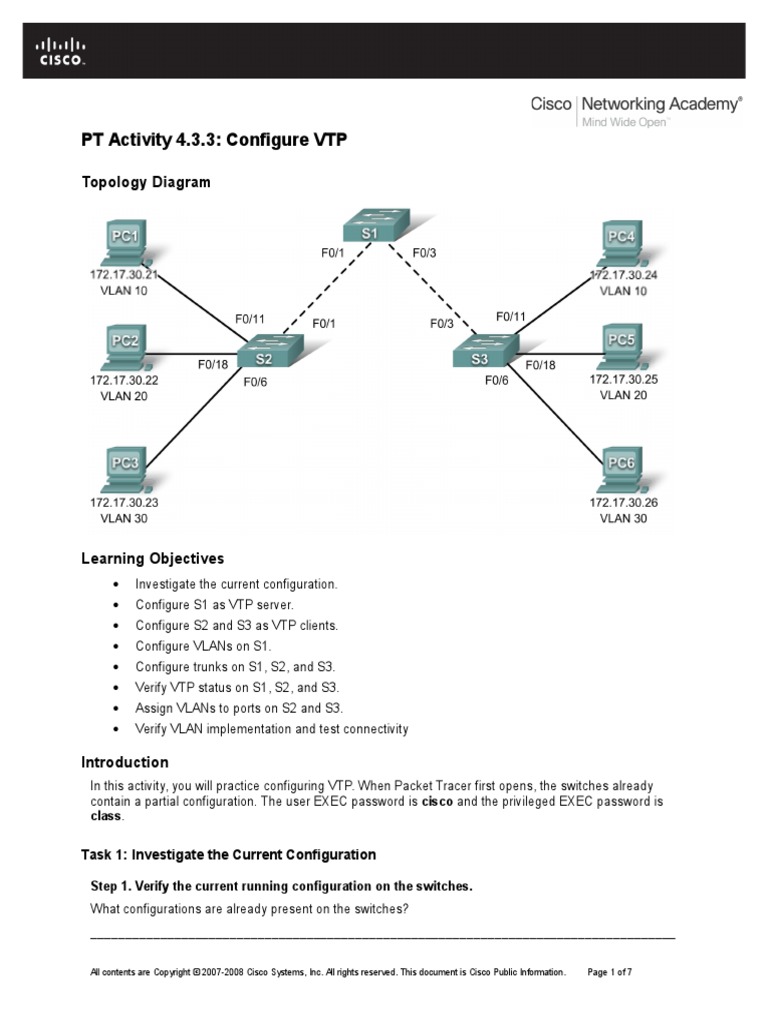 PT Activity 4.3.3: Configure VTP: Topology Diagram | PDF ...