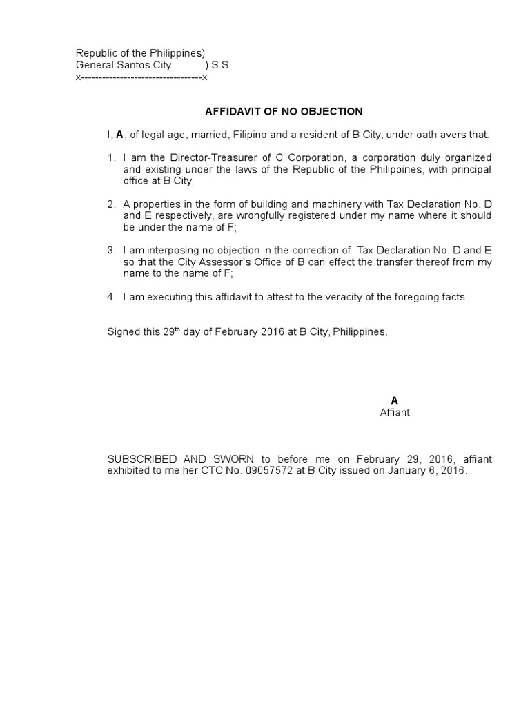Affidavit of No Objection for Property Transfer | PDF