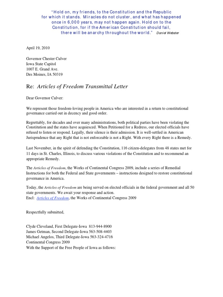 Articles of Freedom - Transmittal Cover Letters To Key State and ...