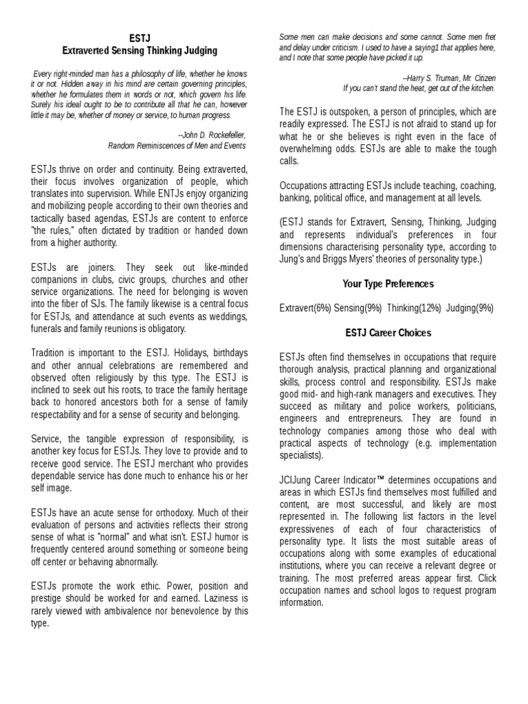 ESTJ | PDF | Personality Type | Behavioural Sciences