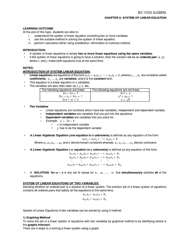 Chapter 6 System of Linear Equation - Student | Download Free PDF ...